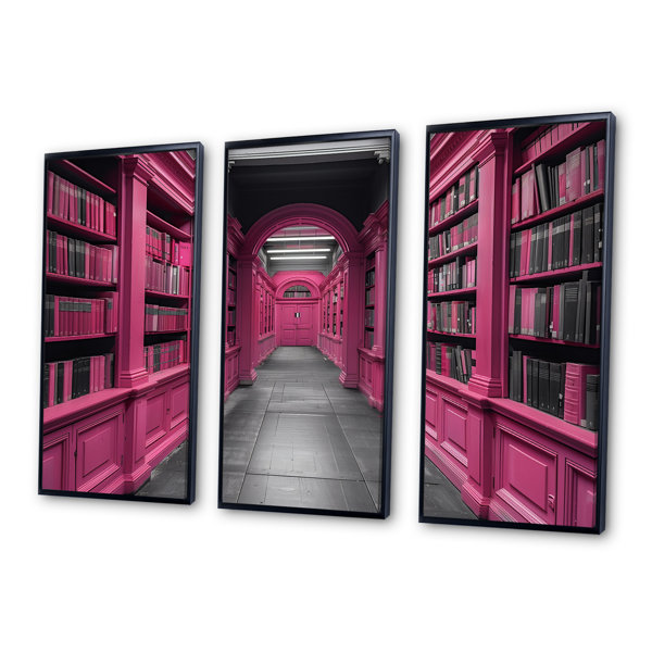 Design Art Pink Grey Library Bookshelf Perspective II - Libraries Wall Art Set | Wayfair